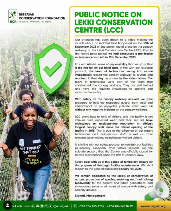 Public Notice On Lekki conservation Centre (LCC) – NCF NIGERIA